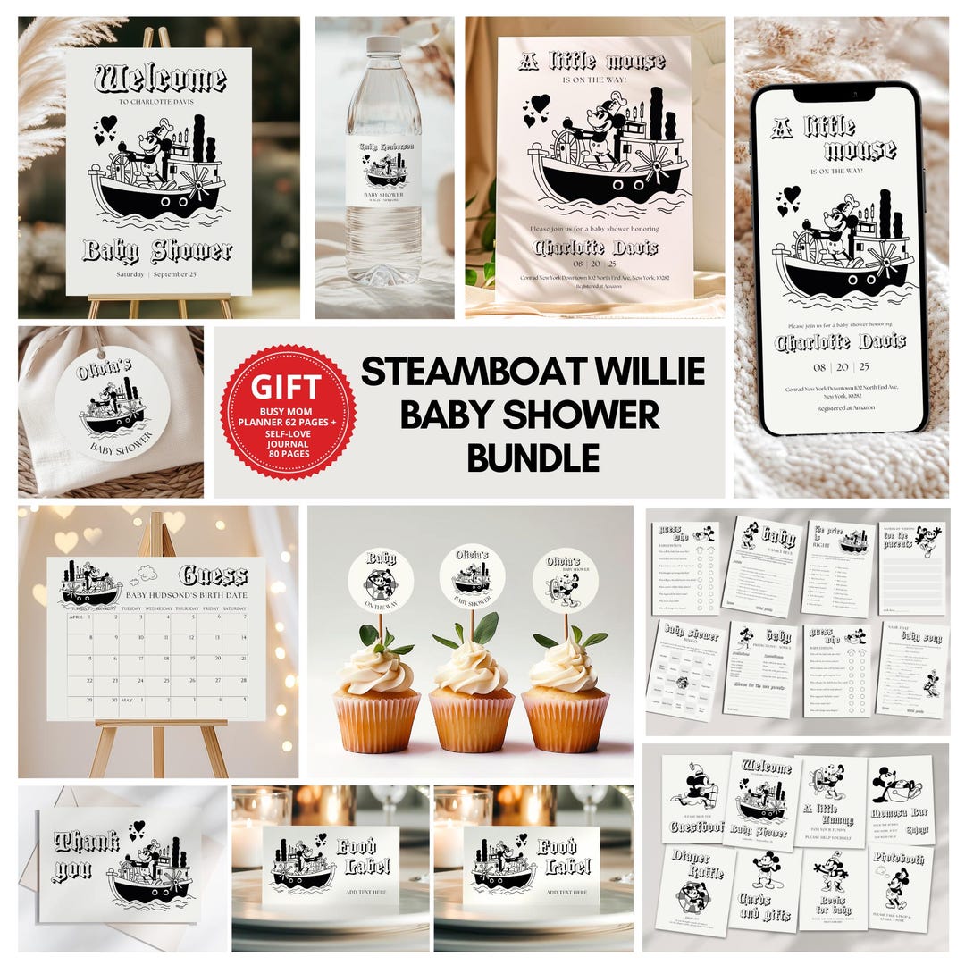 Steamboat Willie Baby Shower Decor Bundle: Vintage 1928 Mouse Handdrawn ...