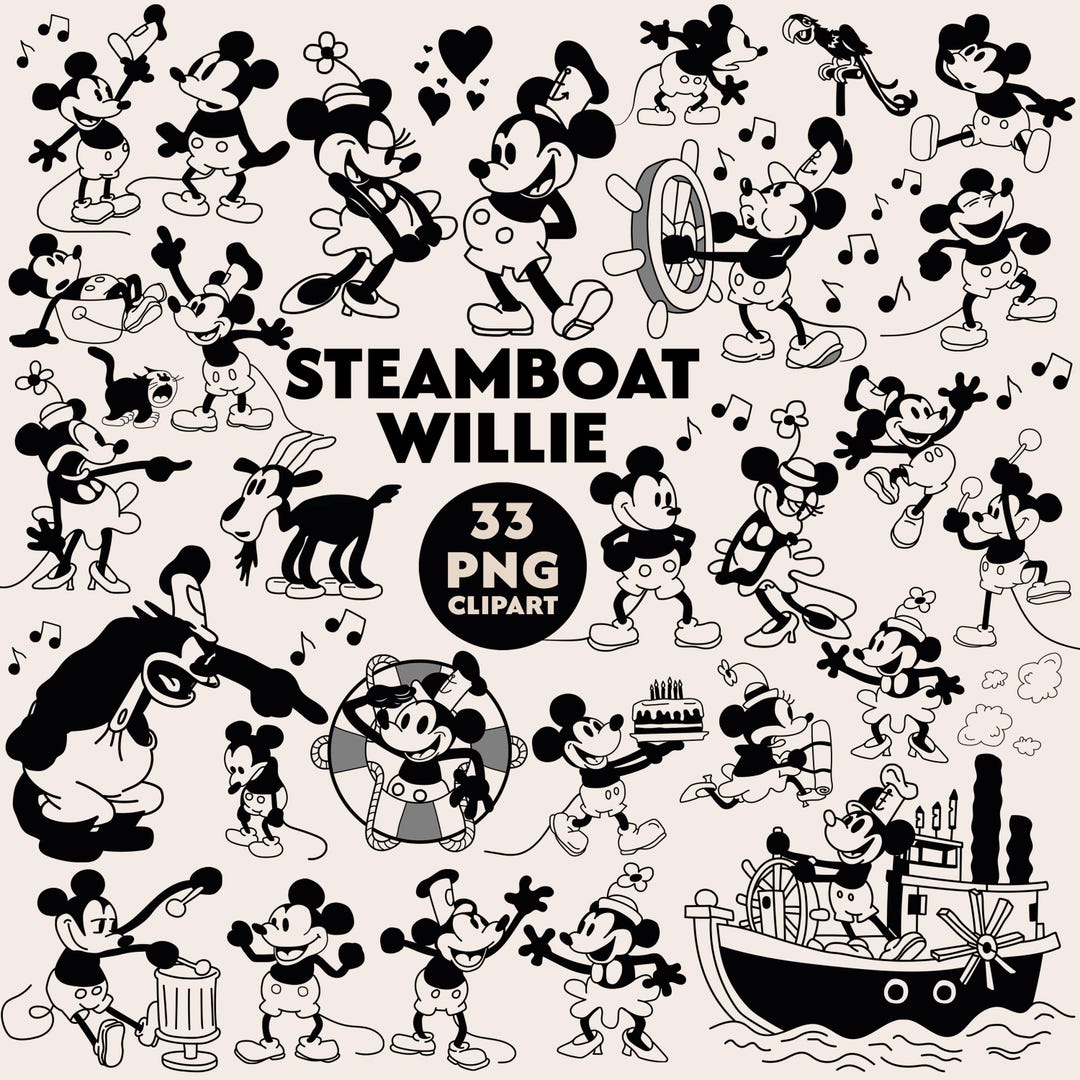 Steamboat Willie Clipart: Vintage 1928 Hand-drawn Mouse PNG (33 Files ...