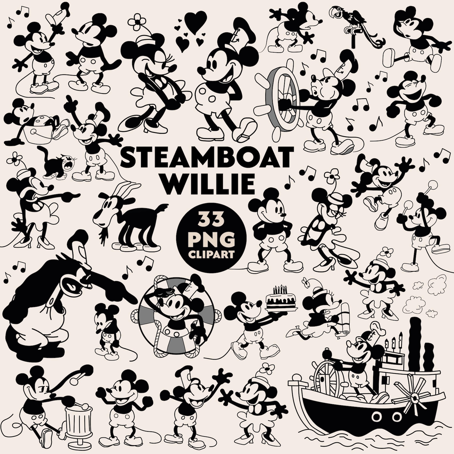Steamboat Willie Clipart: Vintage 1928 Hand-drawn Mouse PNG (33 Files ...