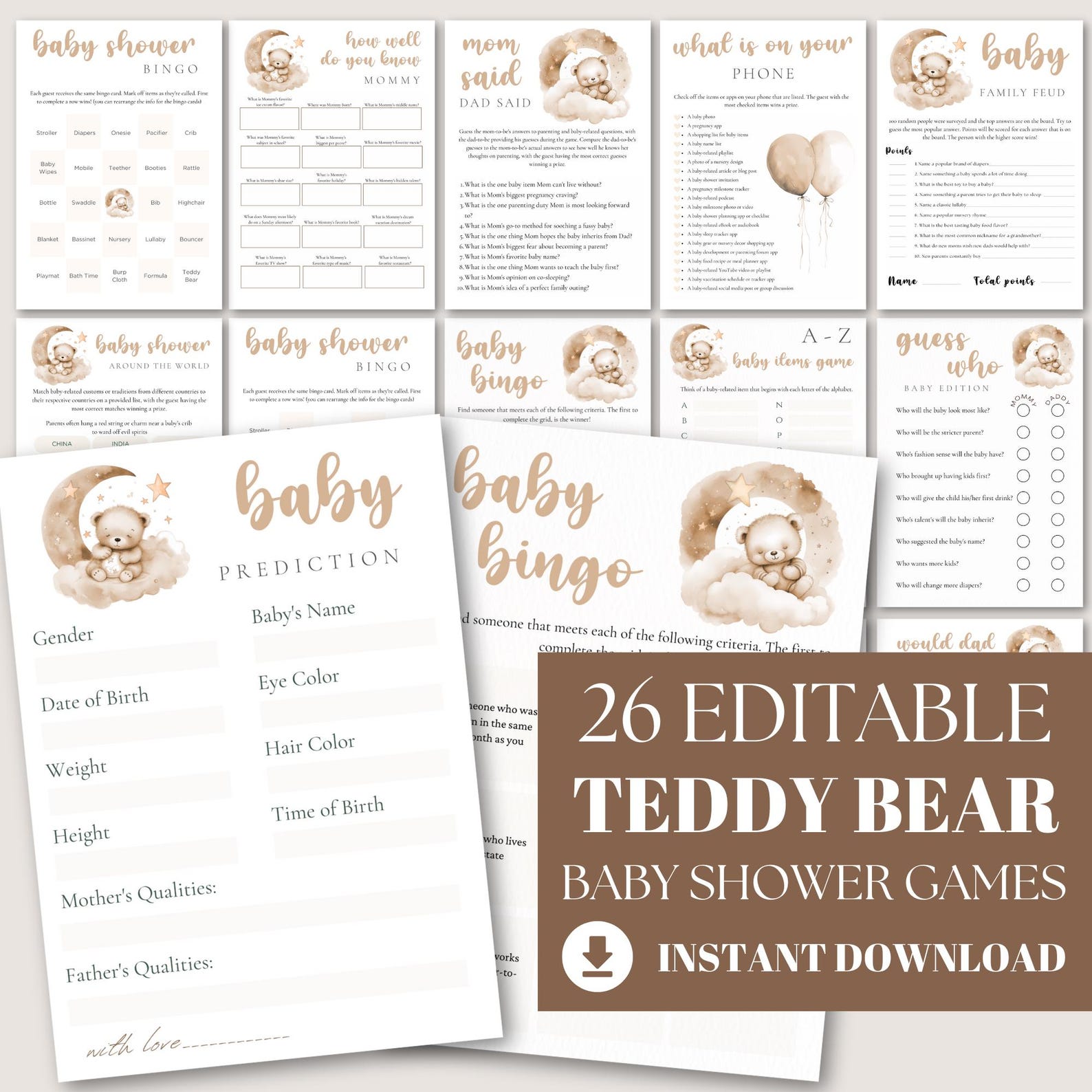 Boho Teddy Bear Baby Shower Game Bundle: 26 We Can Bearly Wait Editable ...