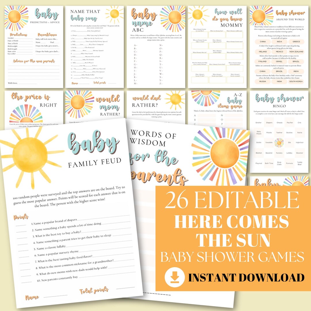Retro Sun Baby Shower Game Bundle: 26 Editable Games (digital Download ...