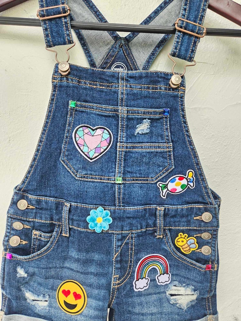Girls Denim Overalls, Summer Unique Colorful Outfit, Rainbows Hearts ...