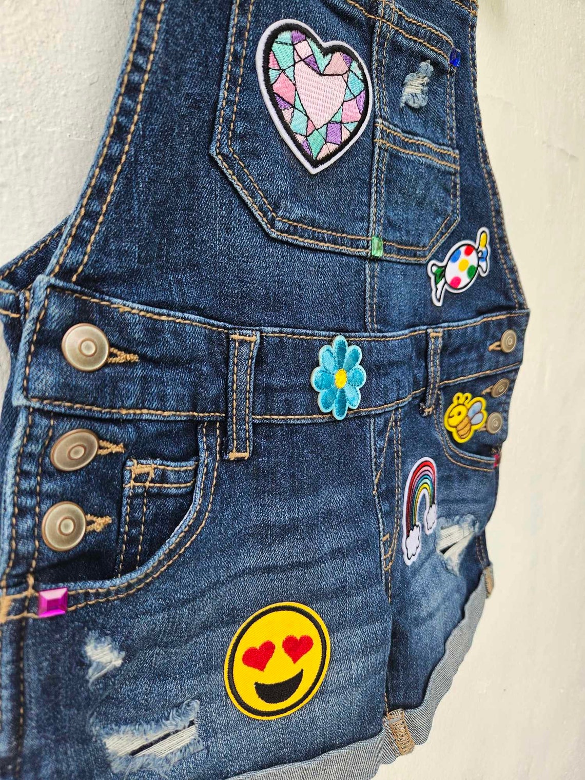 Girls Denim Overalls, Summer Unique Colorful Outfit, Rainbows Hearts ...