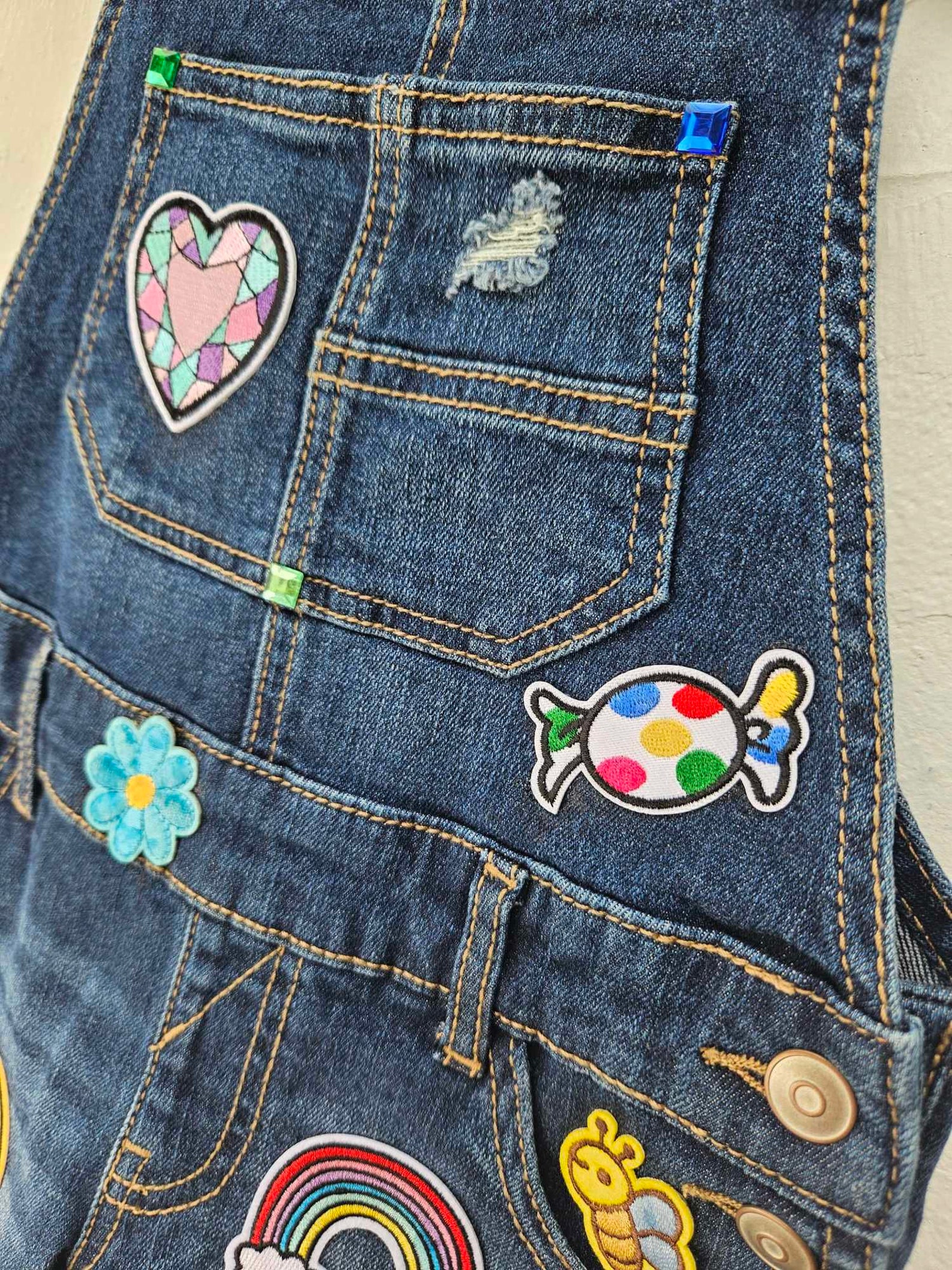 Girls Denim Overalls, Summer Unique Colorful Outfit, Rainbows Hearts ...