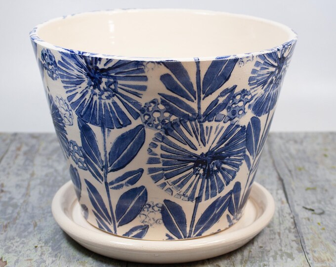 Blue and White Planter With Saucer, Handmade Pot With Flower Design ...
