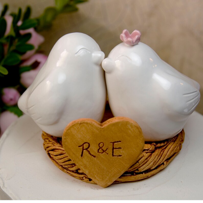 White Love Bird Cake Topper With Flower Glazed to Match | Etsy