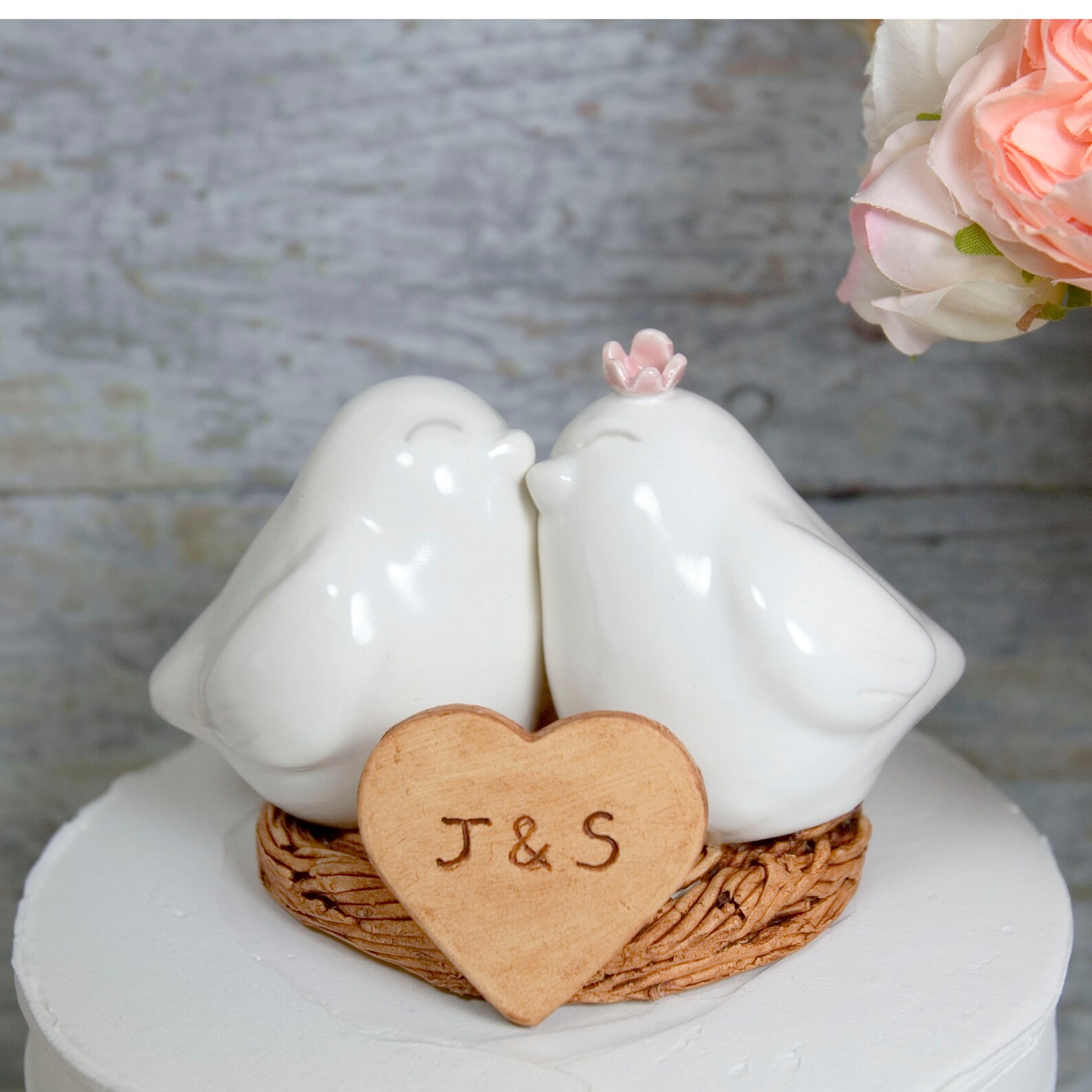 White Love Bird Cake Topper With Flower Glazed to Match | Etsy