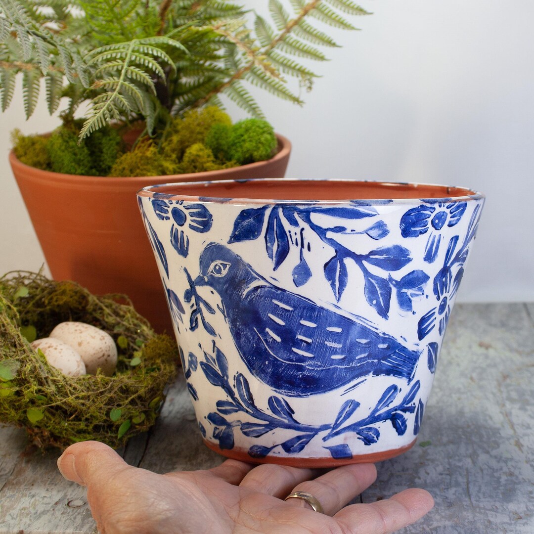 Dove Planter, 6 Inch Top Blue and White Stamped Design, Handmade Wheel ...
