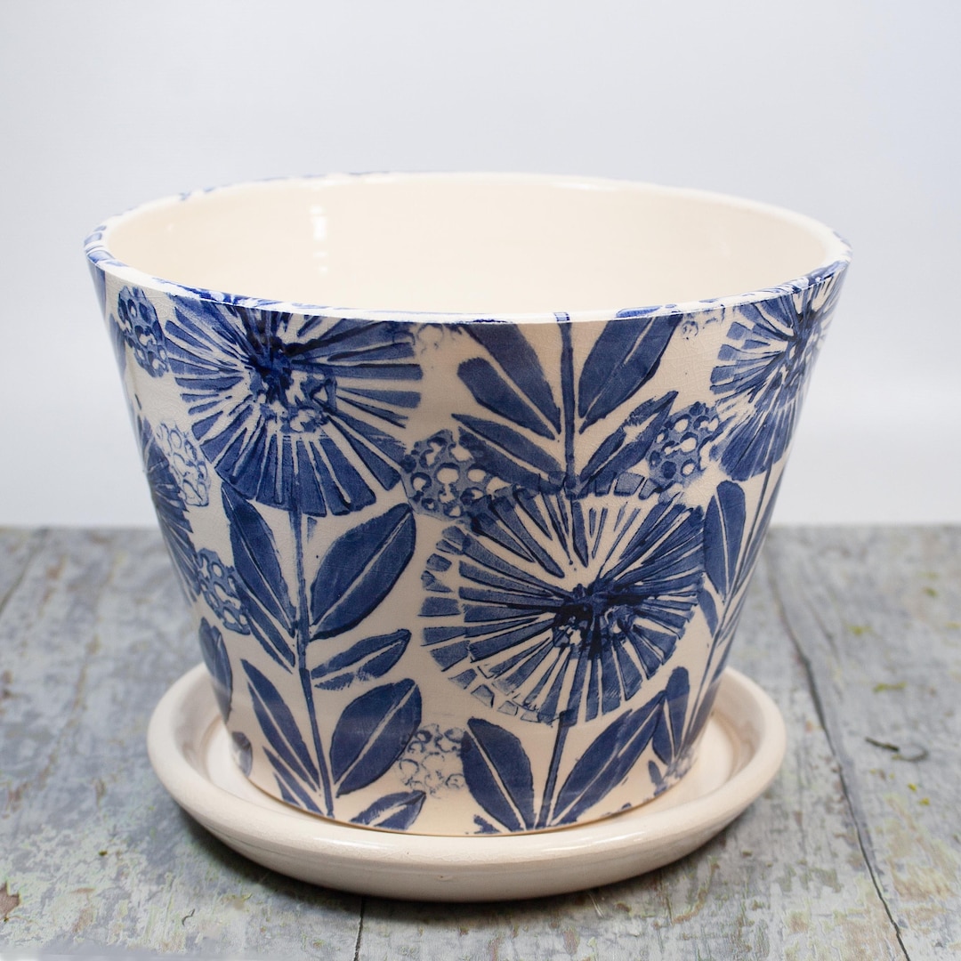 Blue and White Planter With Saucer Handmade Pot With Flower - Etsy