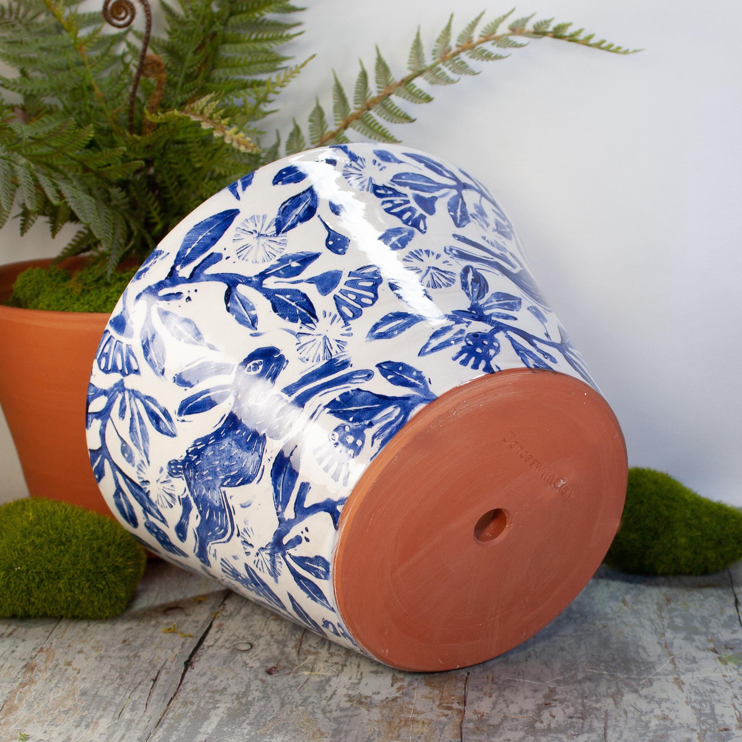 Handmade Terra Cotta Planter: Blue Leaping Bunnies, Spring Decor (8 ...