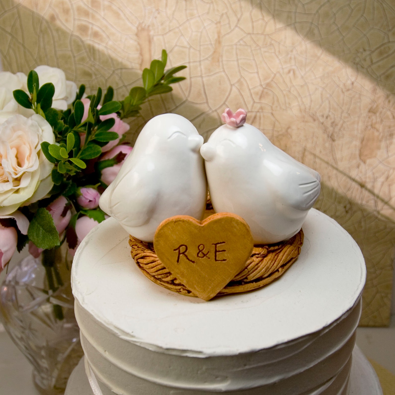 White Love Bird Cake Topper With Flower Glazed to Match | Etsy