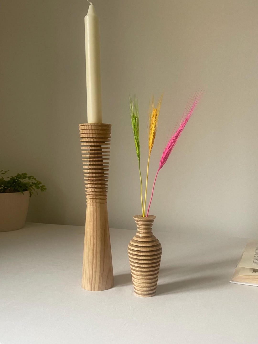 Wooden Set of Candlestick and Vase Scandinavian Style Candle Stand ...