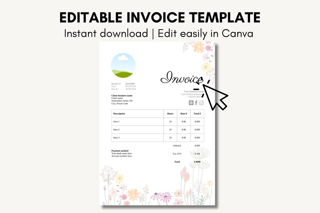 Invoice Template, Editable Flower Invoice Document, Customer Invoice ...