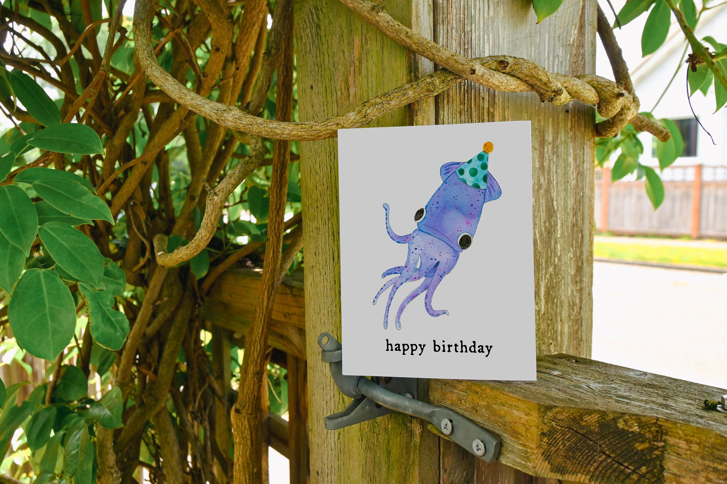 Watercolor Party Squid Birthday Card, Whimsical Greeting Cards, Art ...