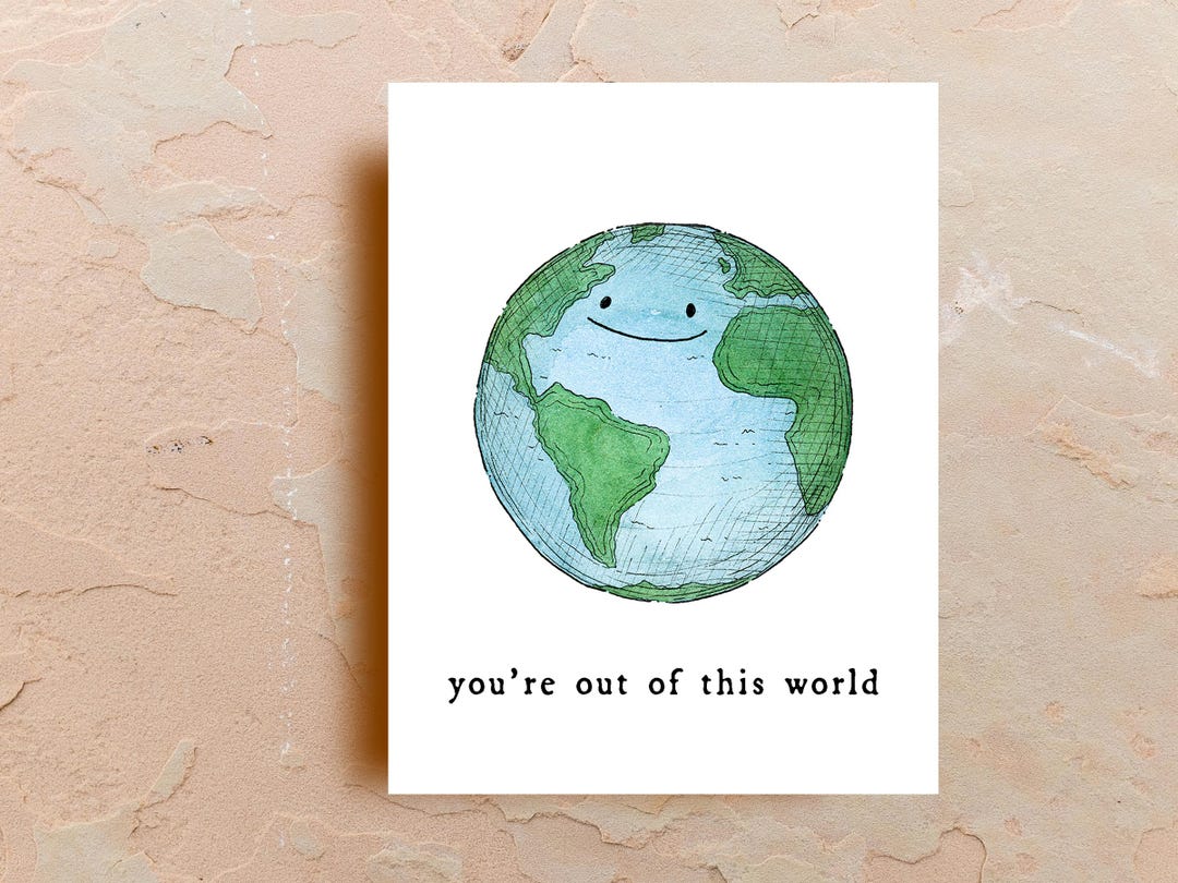 Watercolor Earth Card, Out of This World, Space Art, Whimsical Greeting ...