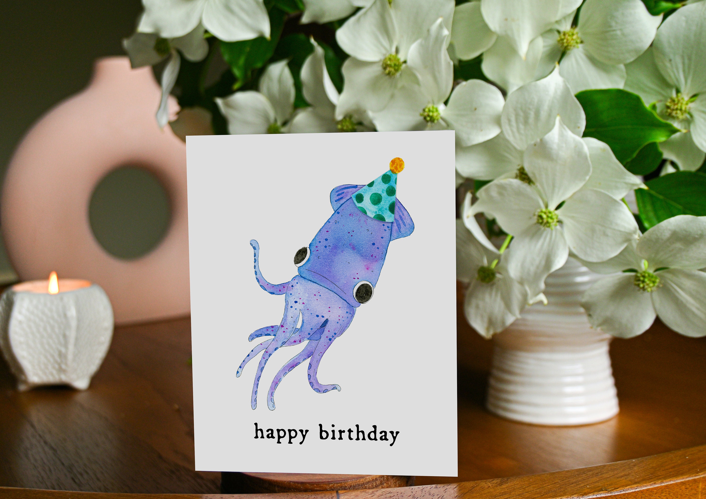 Watercolor Party Squid Birthday Card, Whimsical Greeting Cards, Art ...