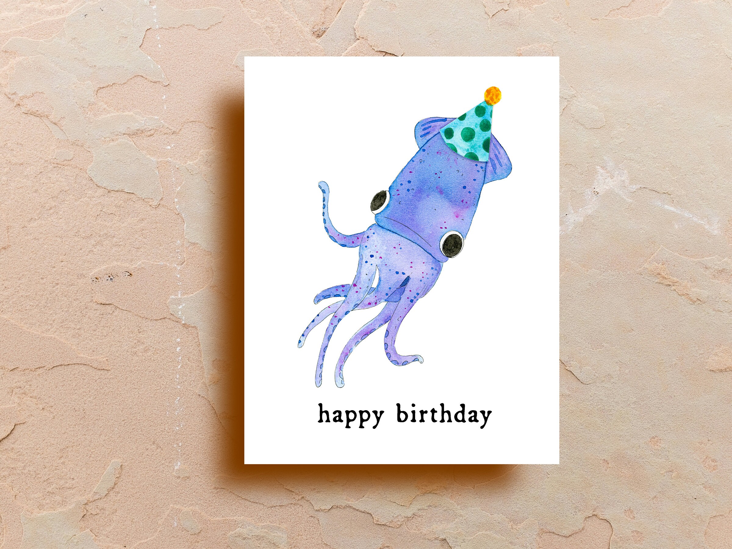 Watercolor Party Squid Birthday Card, Whimsical Greeting Cards, Art ...