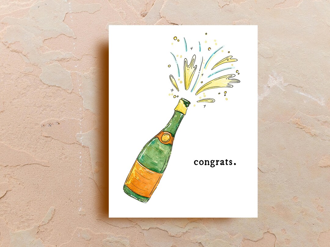 Popping Champagne Bottle Watercolor Card, Whimsical Greeting Cards, Art ...