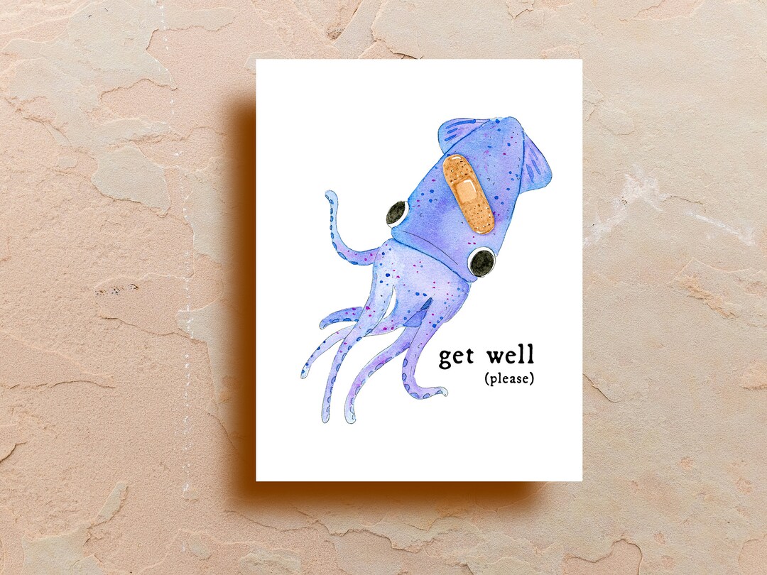 Watercolor Squid Get Well Card, Whimsical Greeting Cards, Art Cards ...