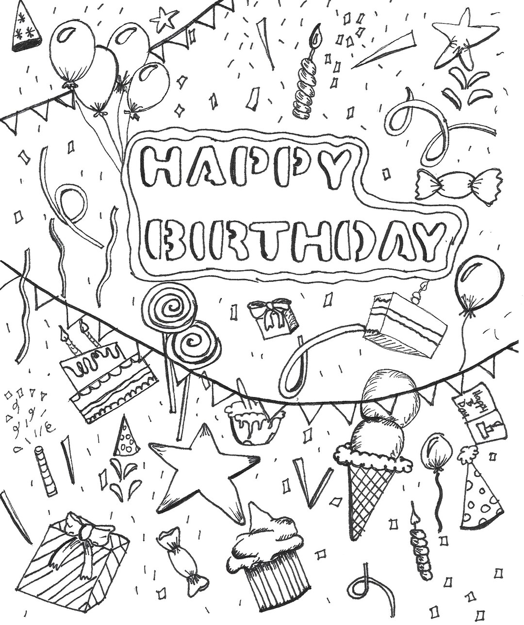 HAPPY BIRTHDAY Coloring Page Hand Drawn Coloring Page - Etsy