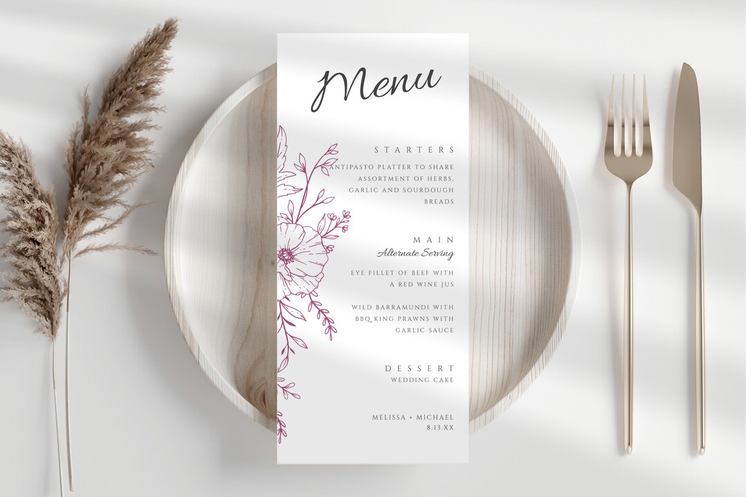 Floral Wedding Menu Template-dinner Menu 4x9-editable - Etsy Canada