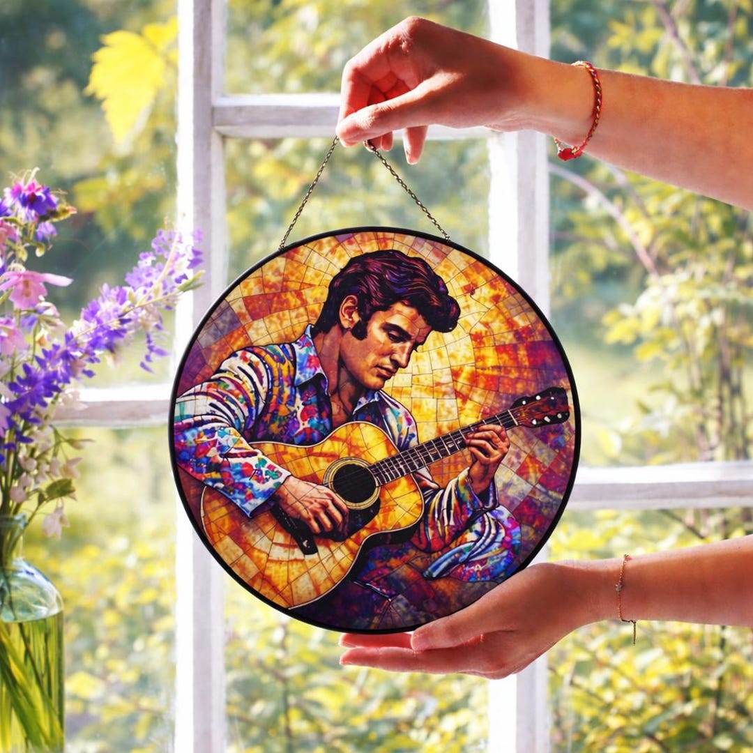 Elvis Presley Guitar Stained Glass Suncatcher, Rock Legend Window ...