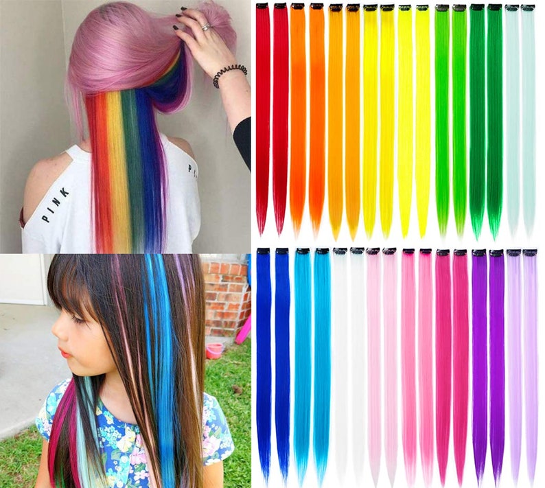 Rainbow Color Hair Extensions 32pack, 22inch Straight, Clip-in Party ...