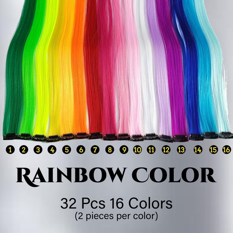 Rainbow Color Hair Extensions 32pack, 22inch Straight, Clip-in Party ...