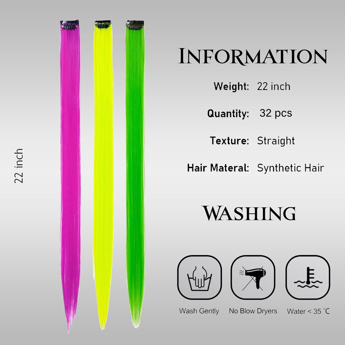 Rainbow Color Hair Extensions 32pack, 22inch Straight, Clip-in Party ...