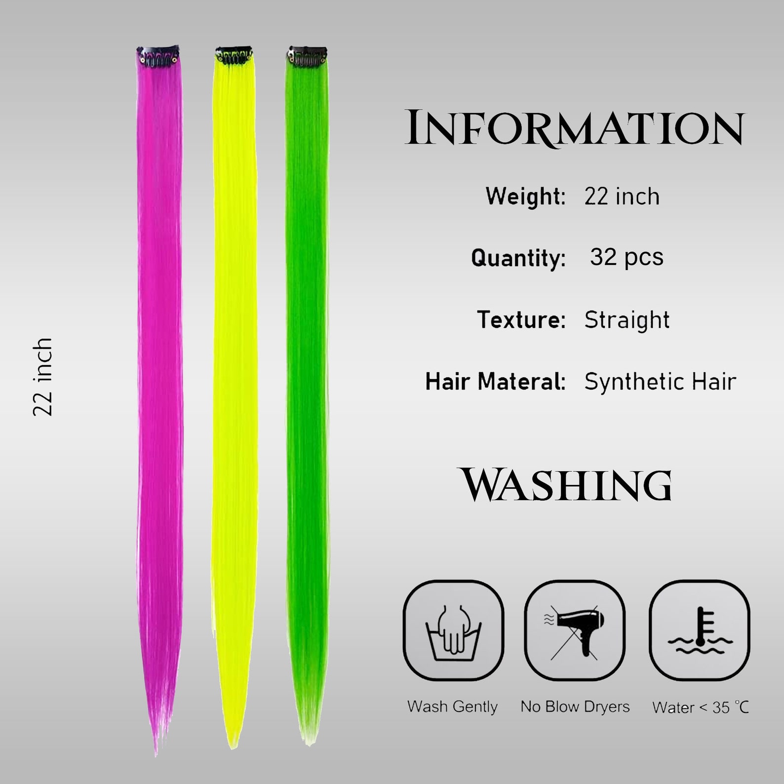 Rainbow Color Hair Extensions 32pack, 22inch Straight, Clip-in Party ...