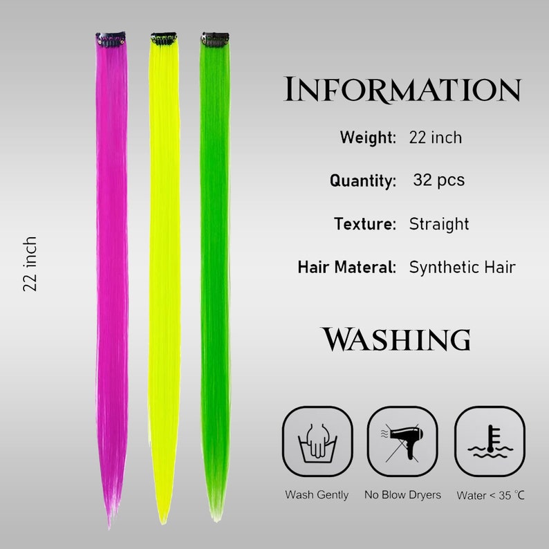 Rainbow Color Hair Extensions 32pack, 22inch Straight, Clip-in Party ...