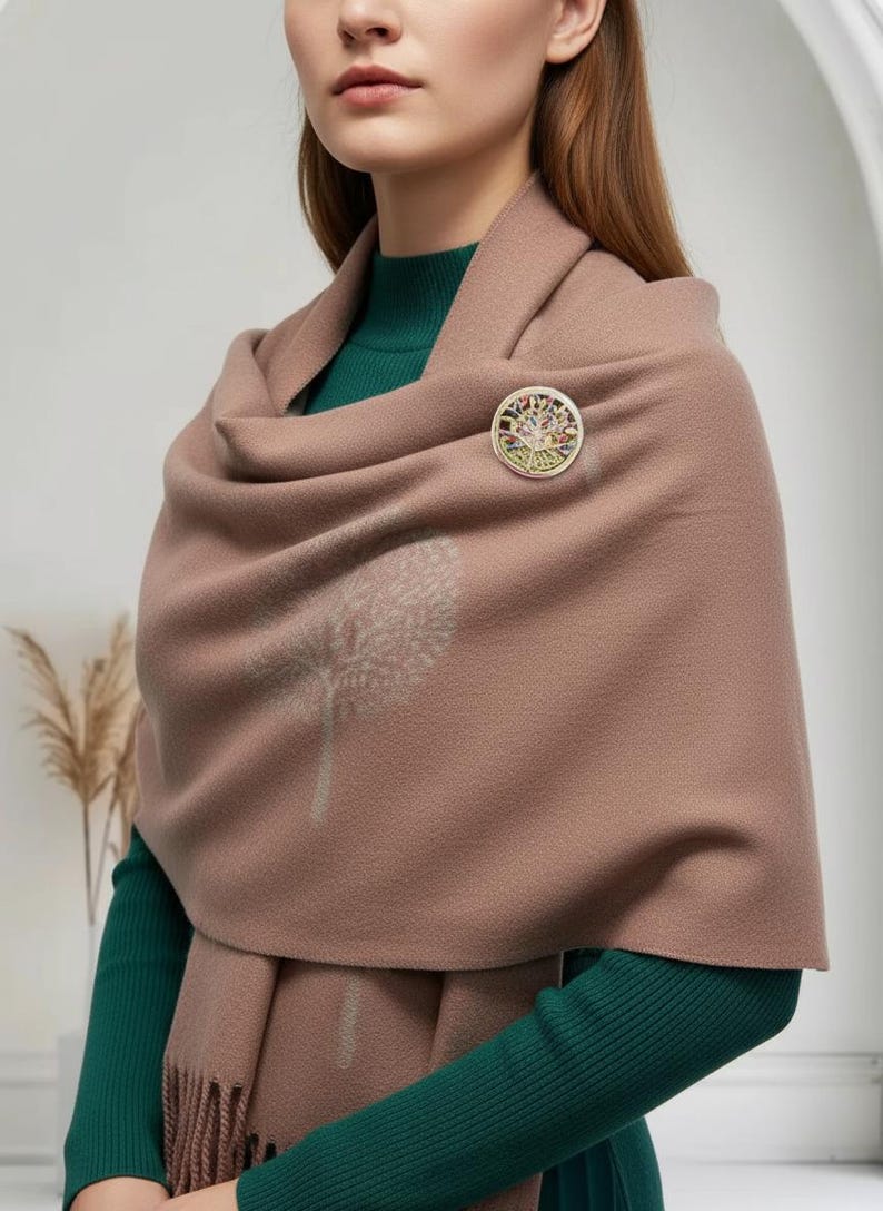 Tree of Life Cashmere Blend Scarf With Magnetic Brooch Comes With a ...