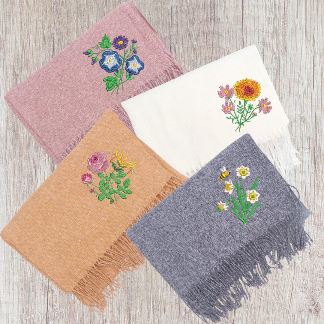 Personalized Birth Flower Scarf Embroidered Scarf Wrap Pashmina, Gifts ...