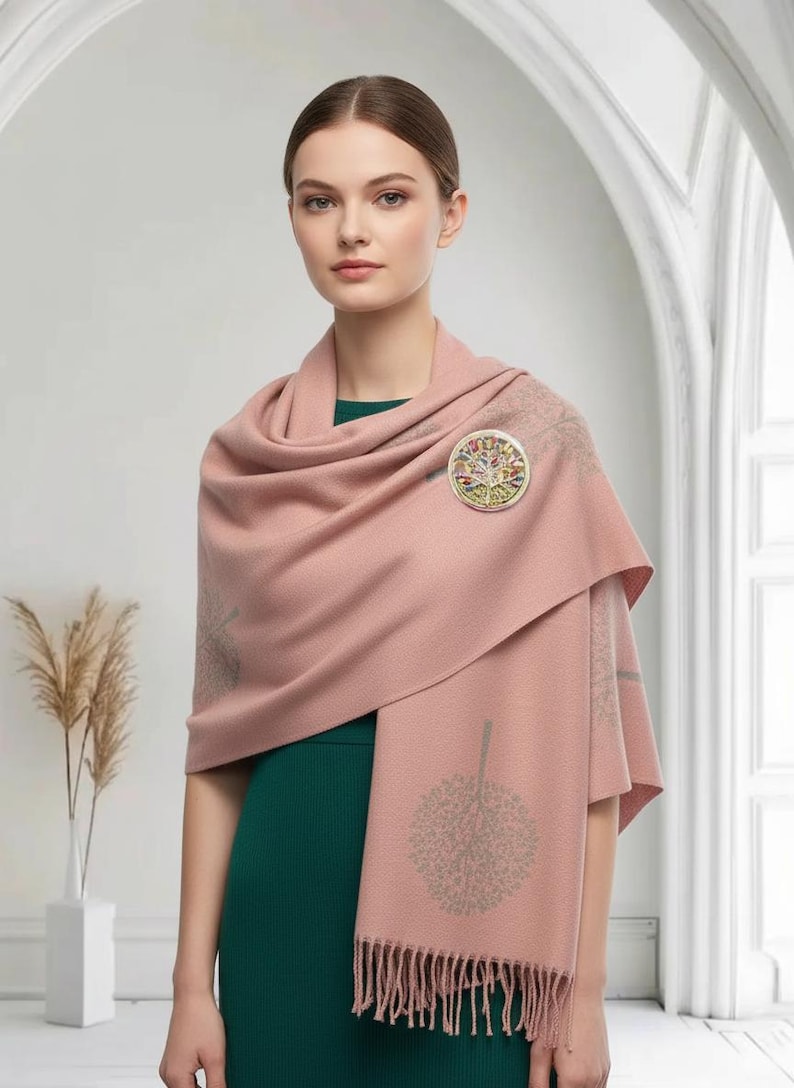 Tree of Life Cashmere Blend Scarf With Magnetic Brooch Comes With a ...