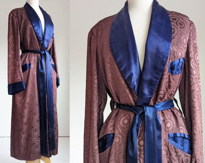 Vintage 1950's Suskana Mens Brown and Dark Blue Silky Smoking Robe XL ...