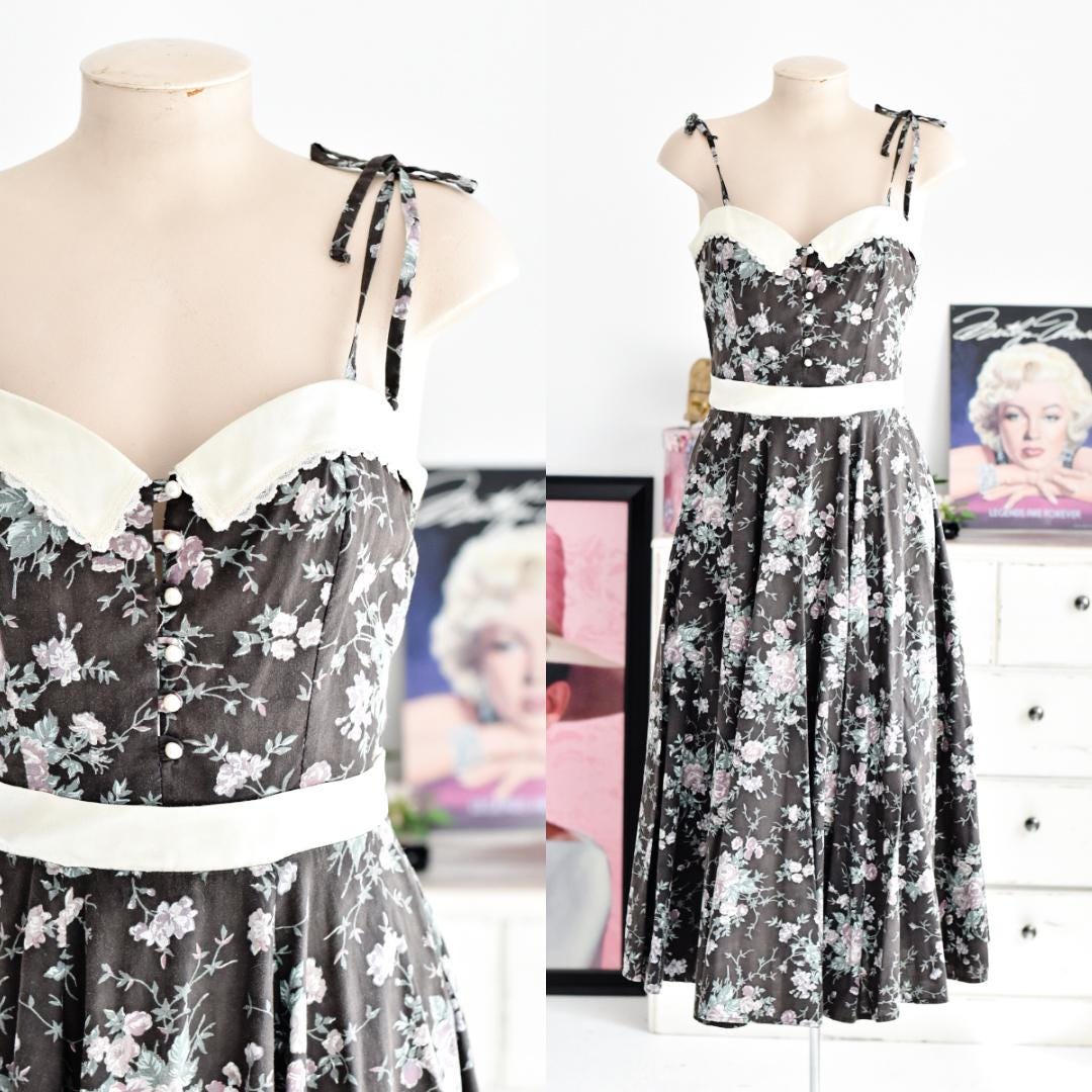 Gunne Sax Vintage 1980s Brown Floral Sleeveless Prairie Midi Dress Tie ...