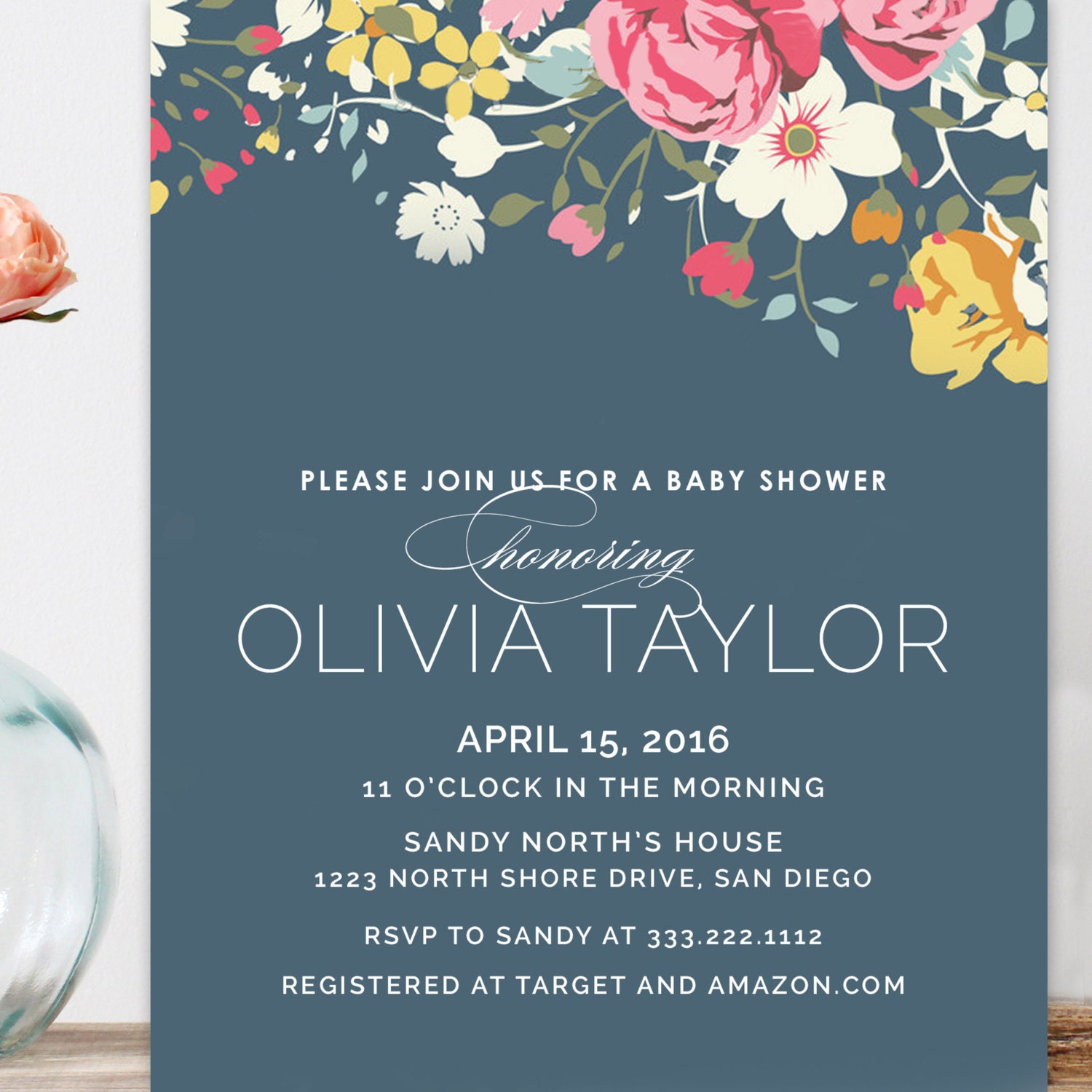 Vintage Floral Baby Shower Invitation, Navy Blue Shower Invitation ...