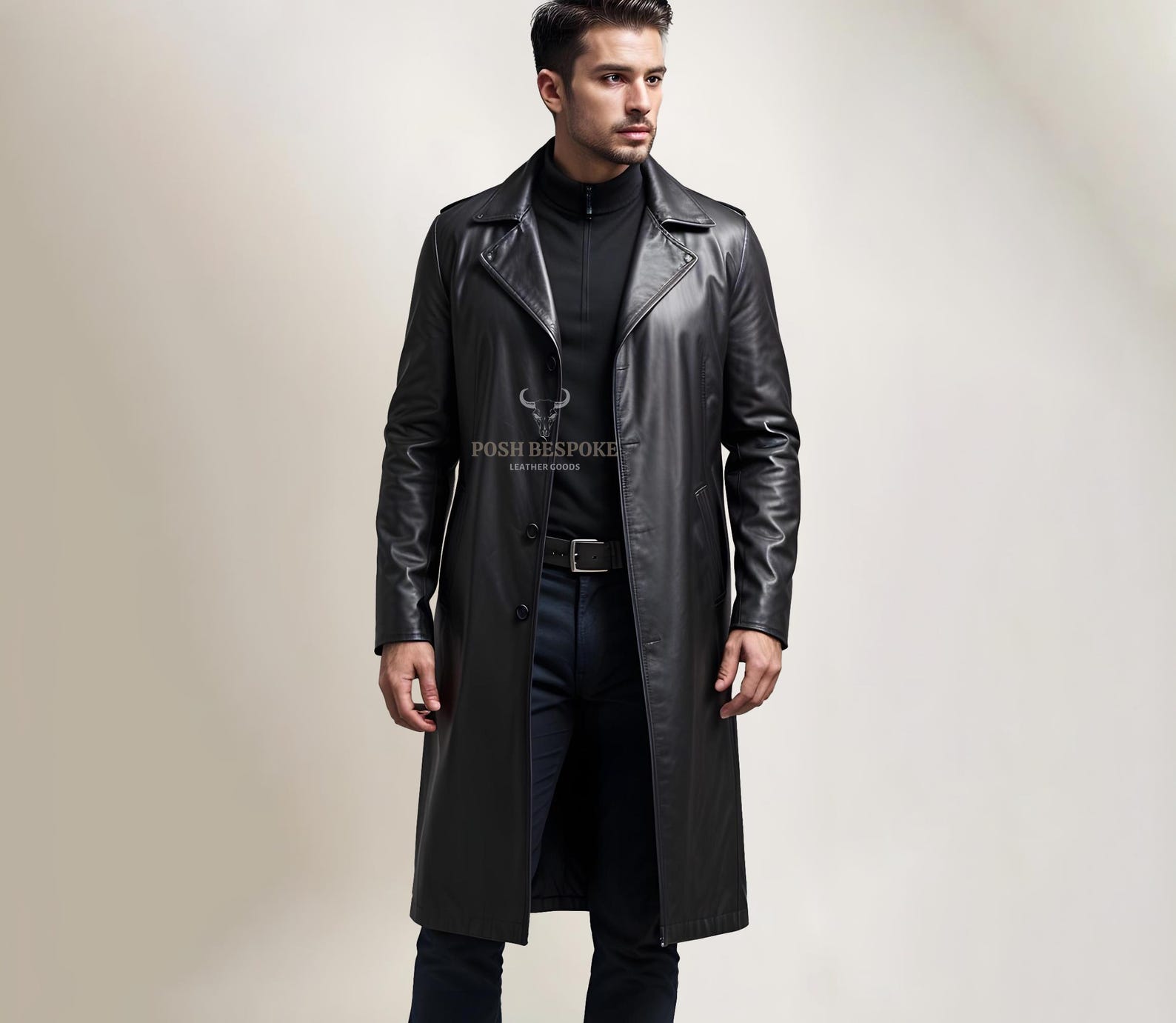 100% Real Black Leather Long Coat for Men - Handmade Leather Trench ...