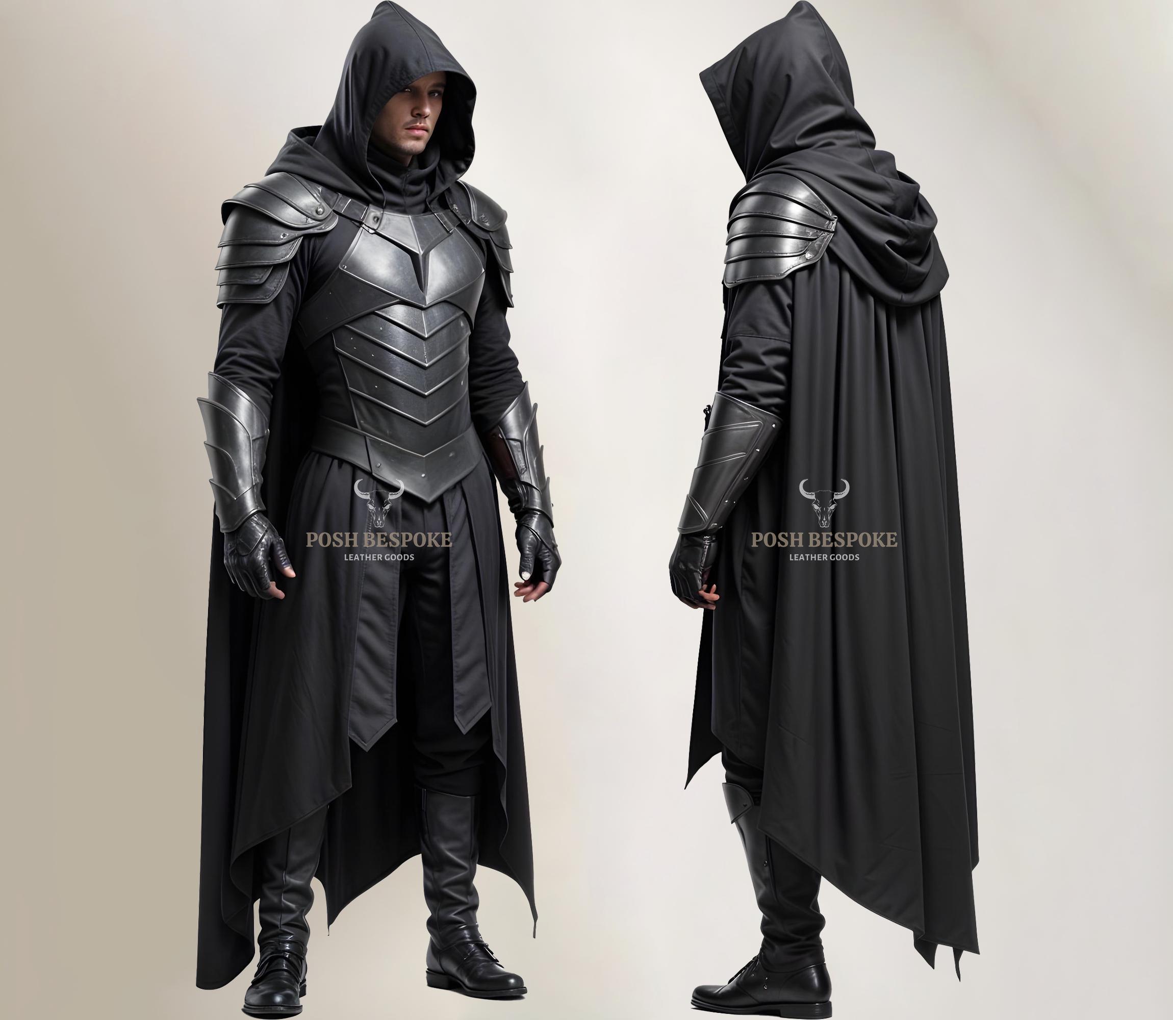 100% Handmade Black Leather Medieval Cloak Armor - Hooded Cloak Costume ...