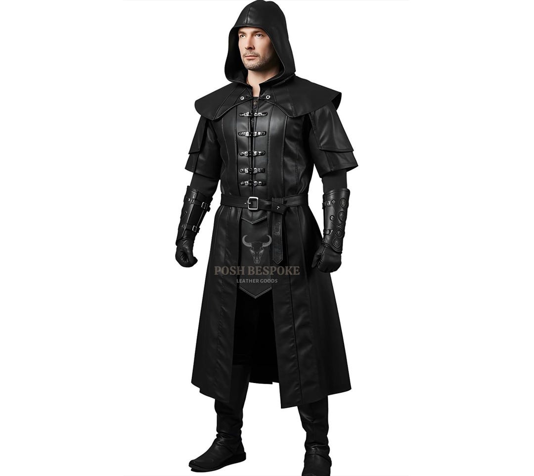 100% Black Leather Medieval Cloak Armor - Hooded Cloak Costume for ...
