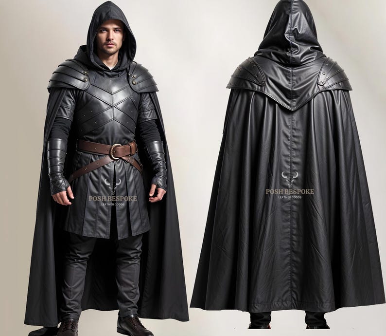 100% Genuine Black Leather Medieval Cloak Armor - Hooded Cloak Costume ...