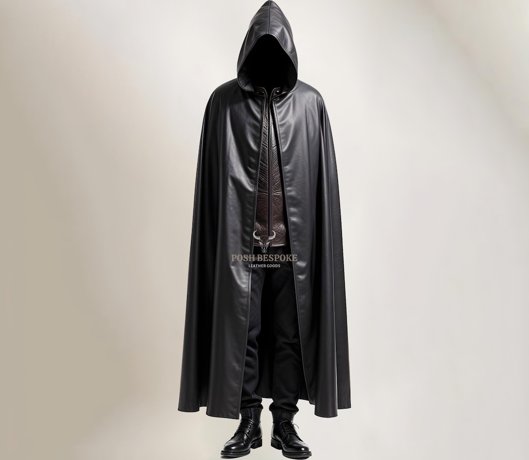 100% Black Leather Medieval Cloak - Hooded Cloak Costume for Cosplay ...