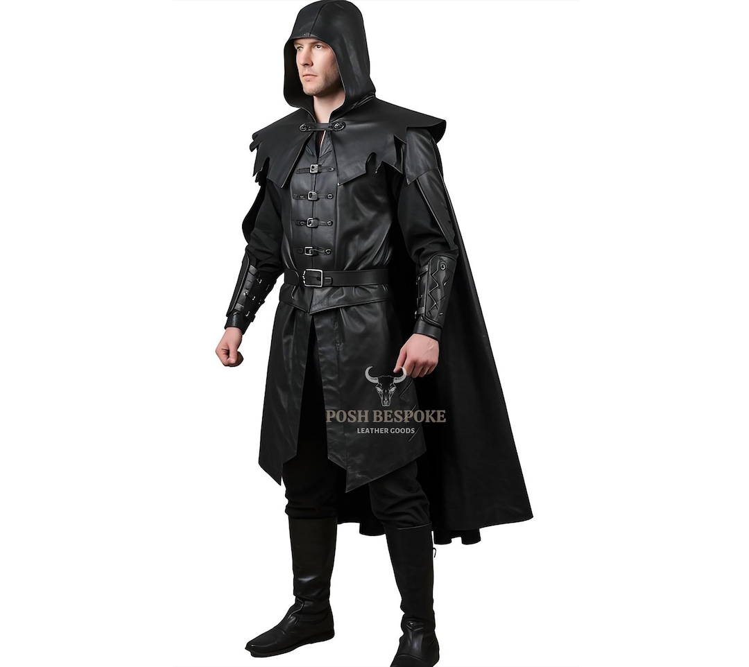 100% Black Leather Medieval Cloak Armor - Hooded Cloak Costume for ...