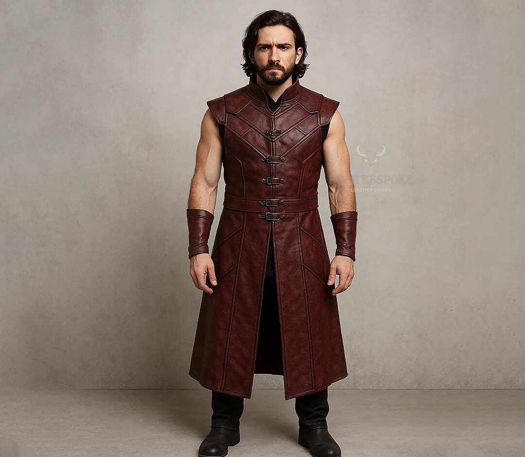 Burgundy Leather Long Vest | Men's Custom Cosplay Sleeveless Coat ...