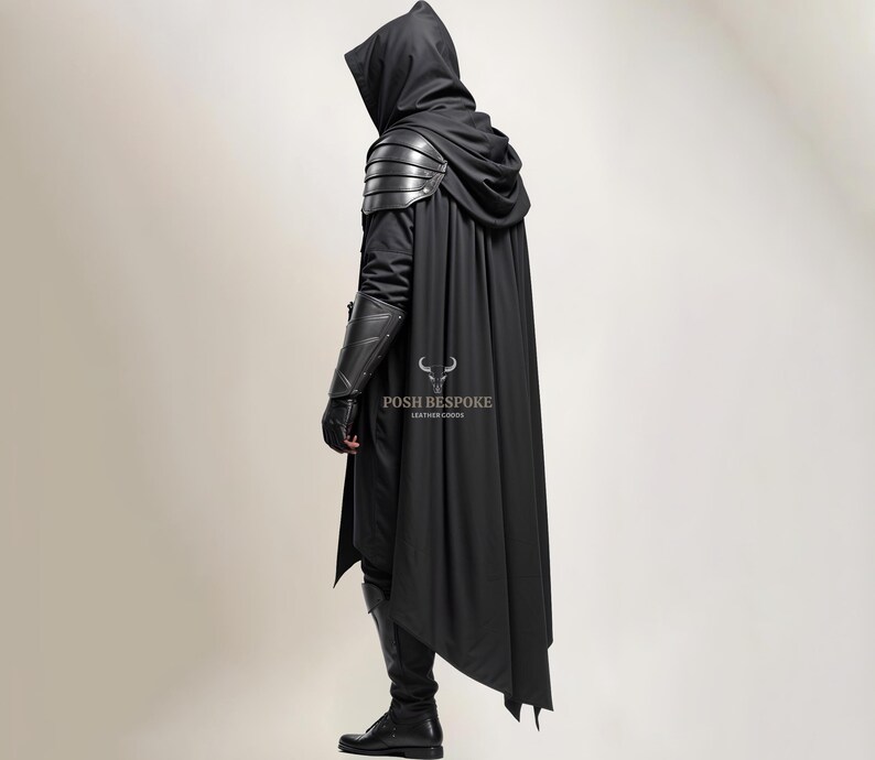 100% Handmade Black Leather Medieval Cloak Armor - Hooded Cloak Costume ...