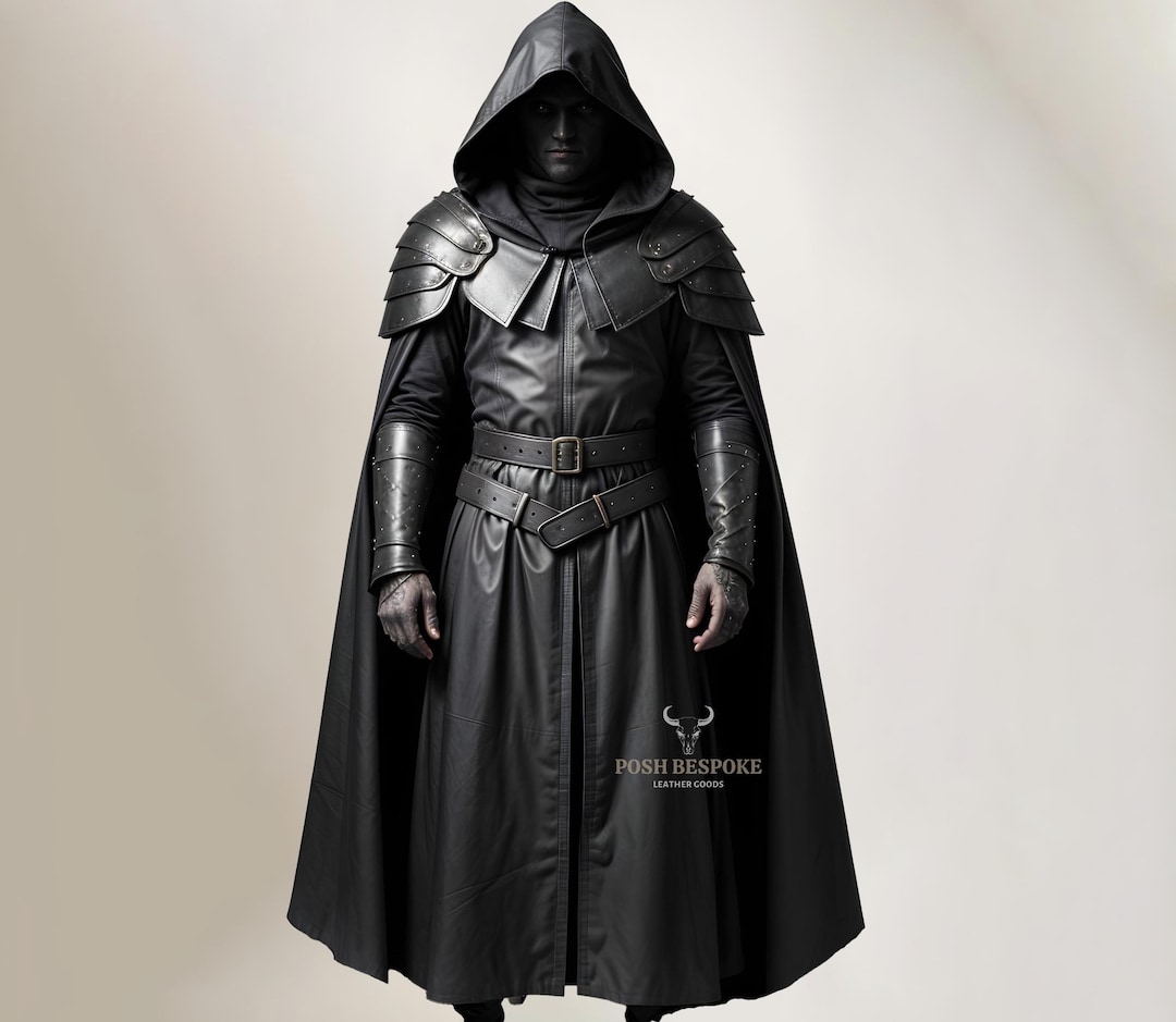 100% Black Leather Medieval Cloak Armor - Hooded Cloak Costume for ...
