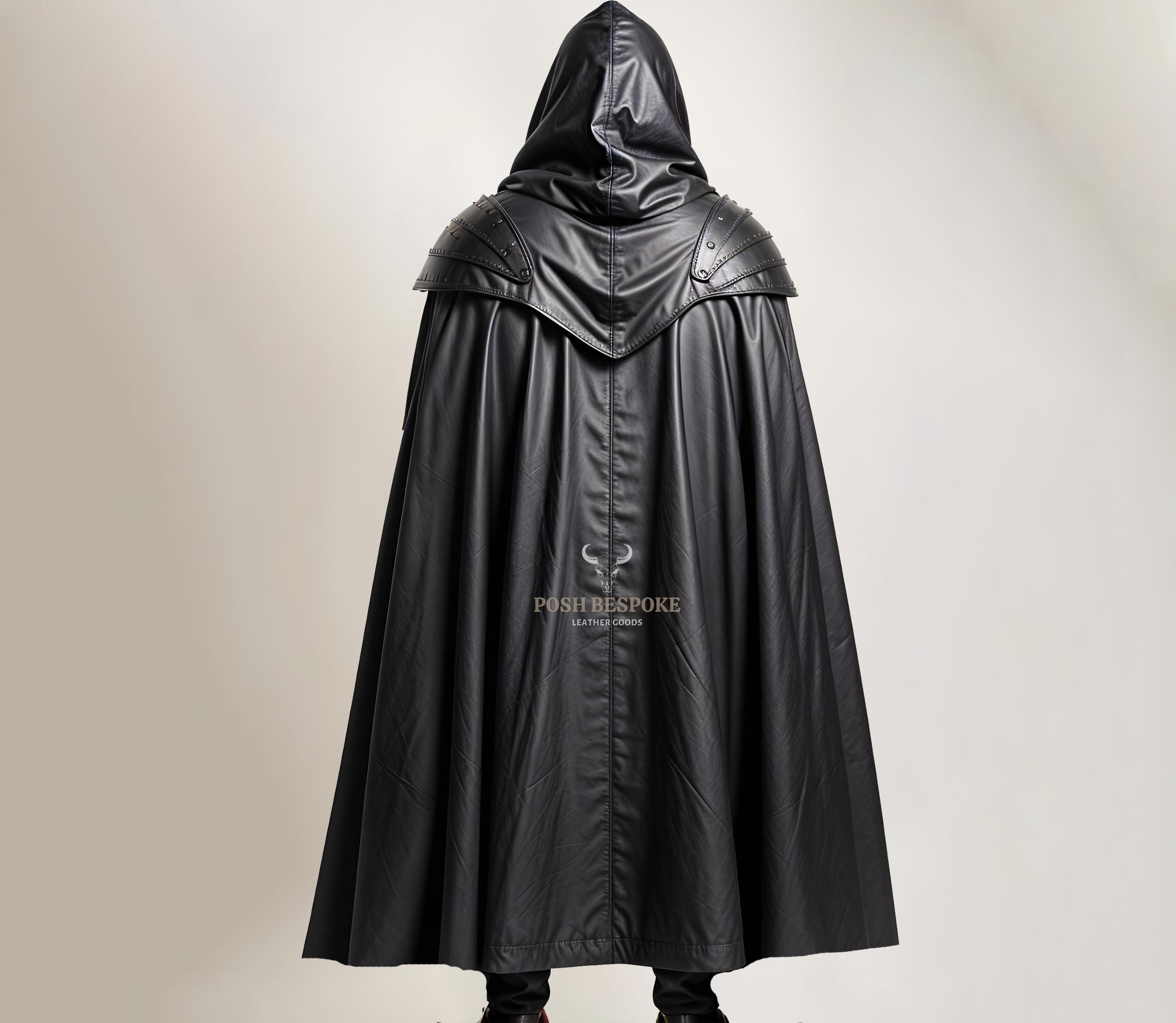 100% Genuine Black Leather Medieval Cloak Armor - Hooded Cloak Costume ...