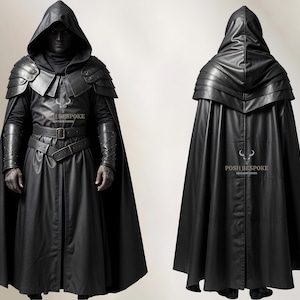 100% Black Leather Medieval Cloak Armor - Hooded Cloak Costume for ...
