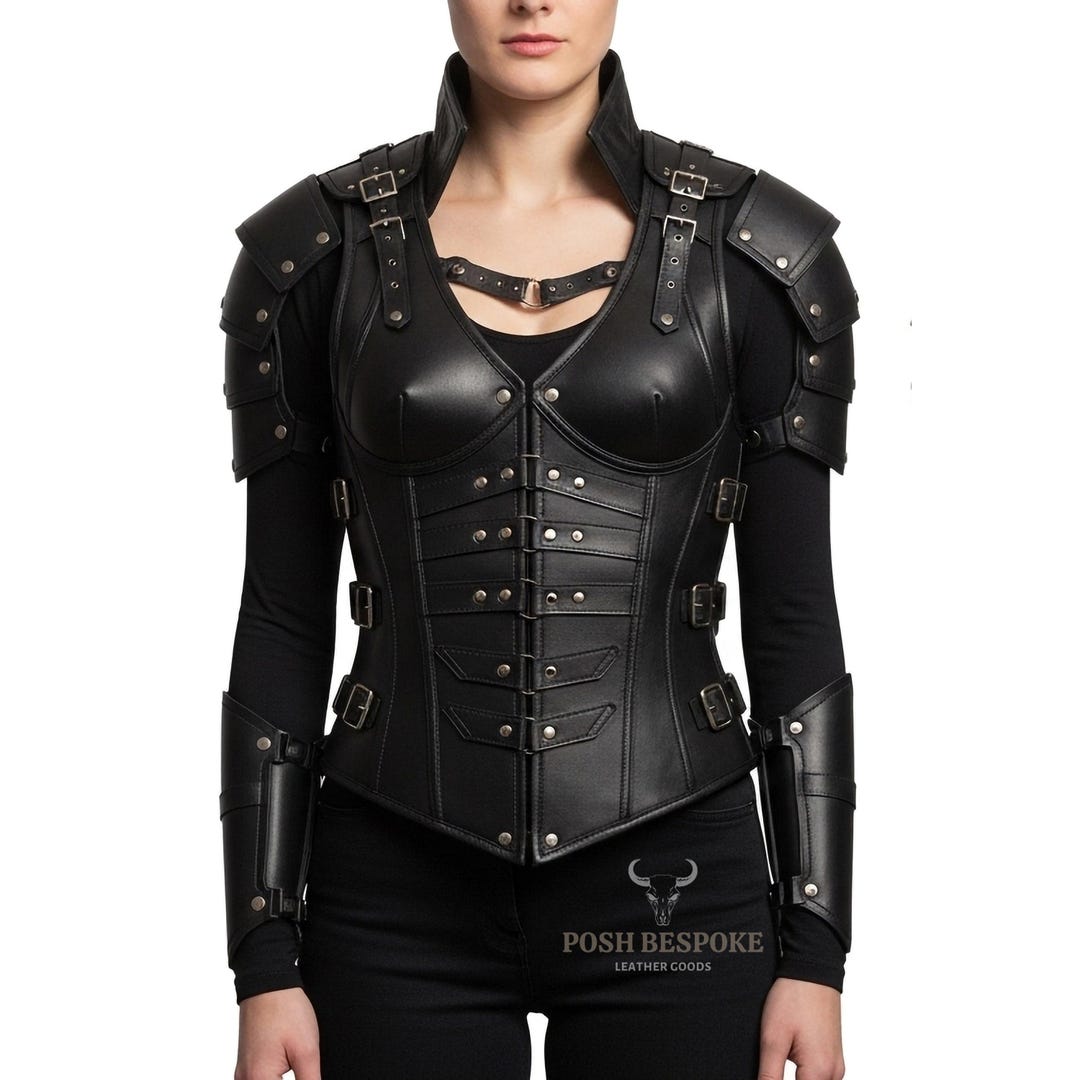 Women's Black Leather Armor Set | Gothic Corset Vest With Pauldrons ...