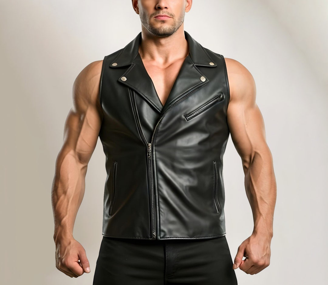 Handmade Genuine Black Leather Vest Men - Real Leather Biker Vest Men ...